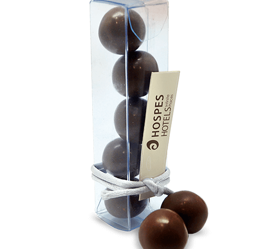 Box filled of chocolate balls with cereal