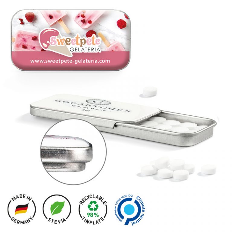 Promotion sugar-free peppermint minties in a flat metal box